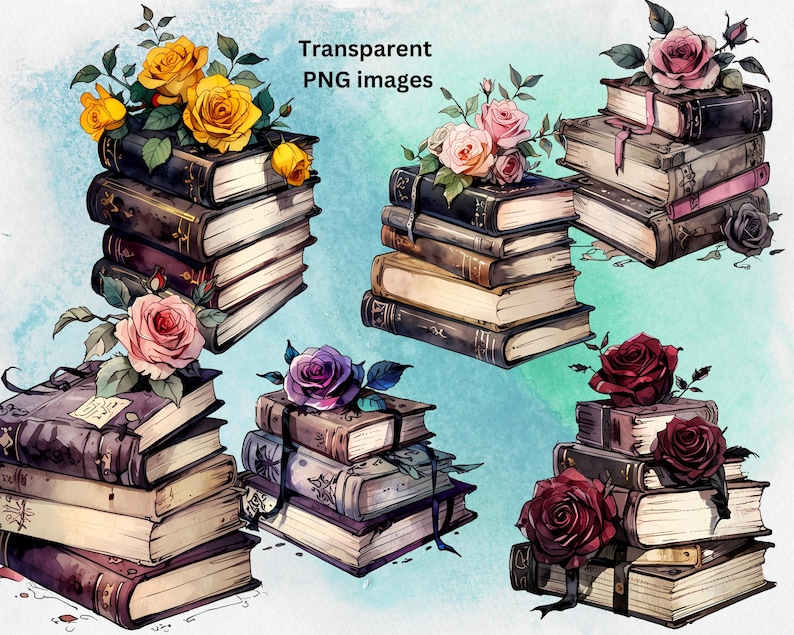 Grungy Vintage Bookstack With Roses | PNG Clipart Bundle for Instant ...