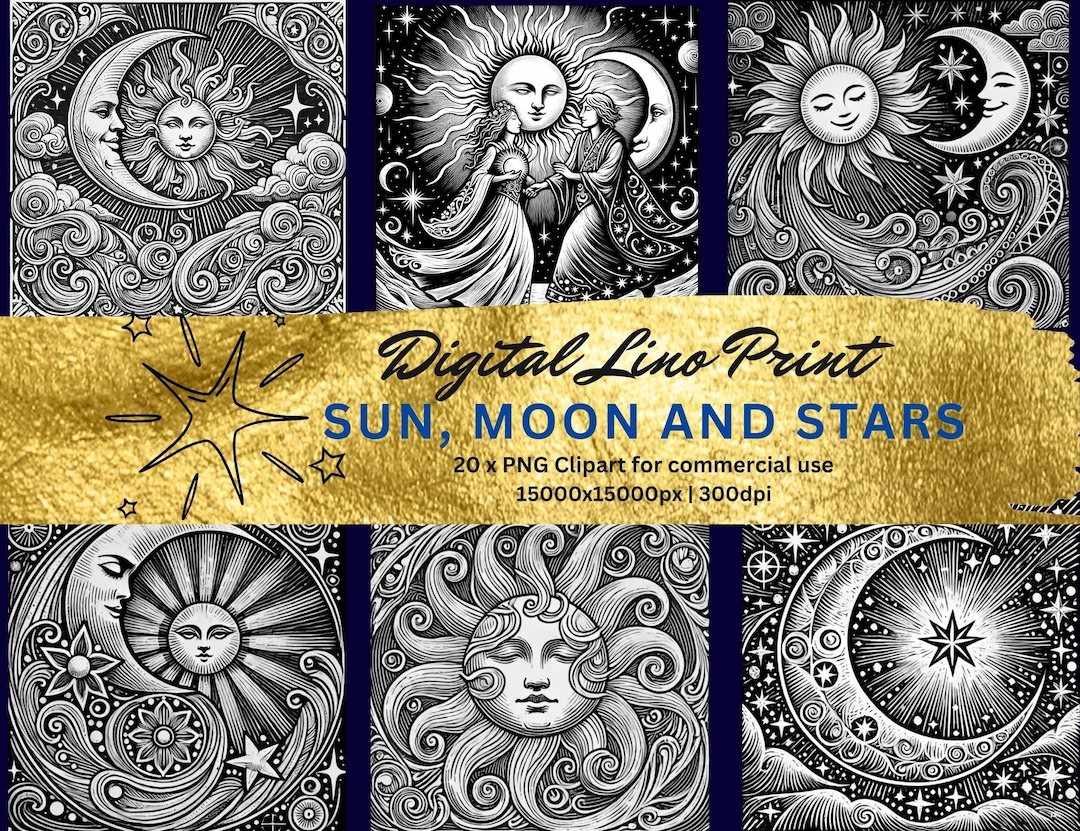 Sun, Moon and Stars Digital Lino Print | Celestial PNG Clip Art ...