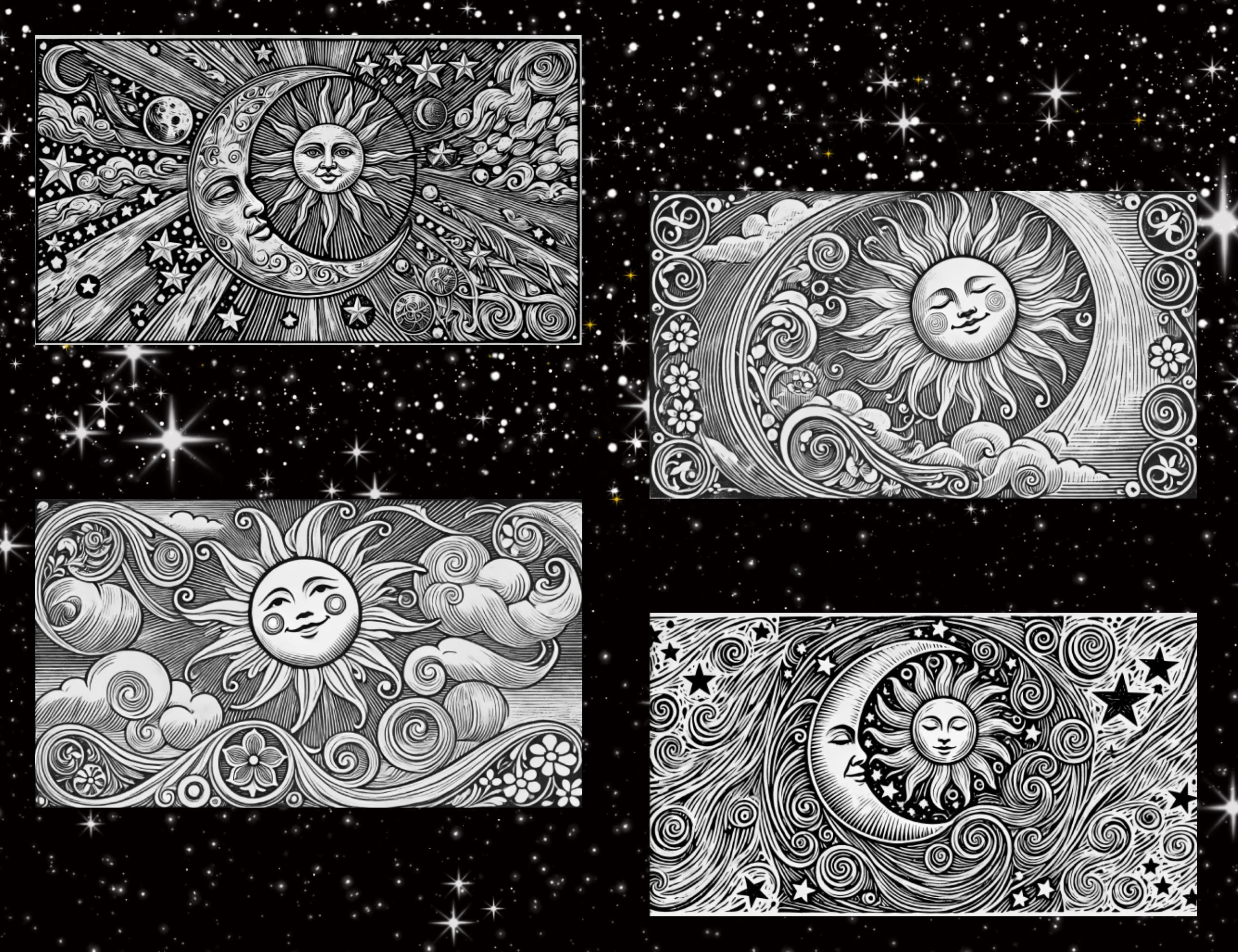 Sun, Moon and Stars Digital Lino Prints | Celestial PNG Clip Art | Vintage Woodprint | Medieval ...