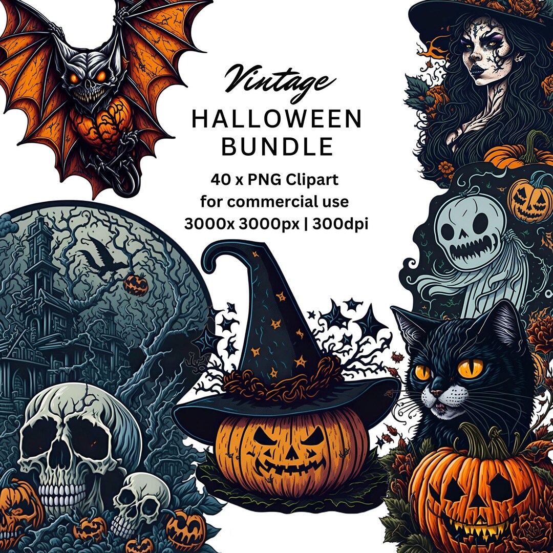 Vintage 1950's Halloween Clipart Bundle, Retro 'old School Tattoo' Bats ...