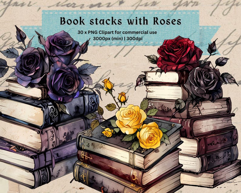 Grungy Vintage Bookstack With Roses | PNG Clipart Bundle for Instant ...