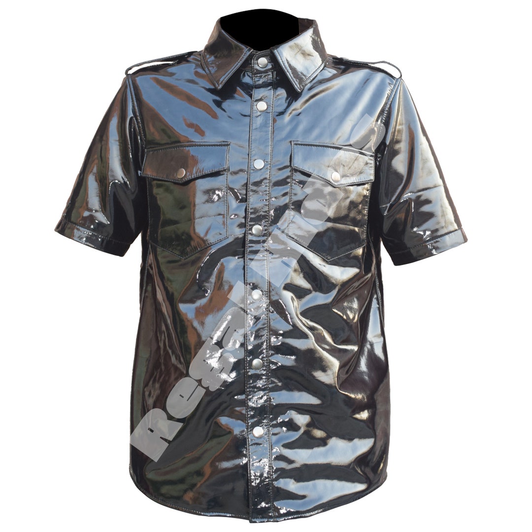 Men Black Vinyl PVC Shirt Gothic Officers Alternative Fashion Vinyl ...