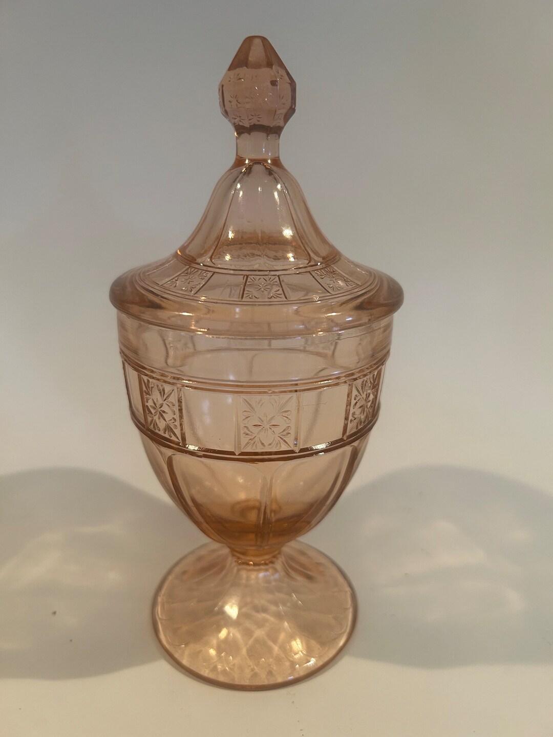 Vintage Depression Glass Pink Candy Jar Bonbon Dish Covered Doric ...