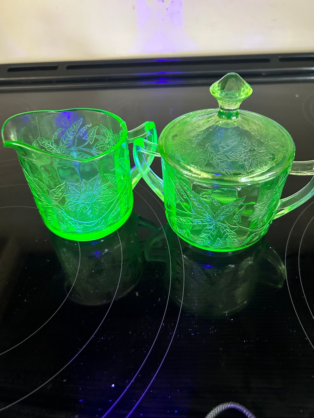 Vintage Depression Glass Green Uranium Sugar & Creamer Set in Floral ...