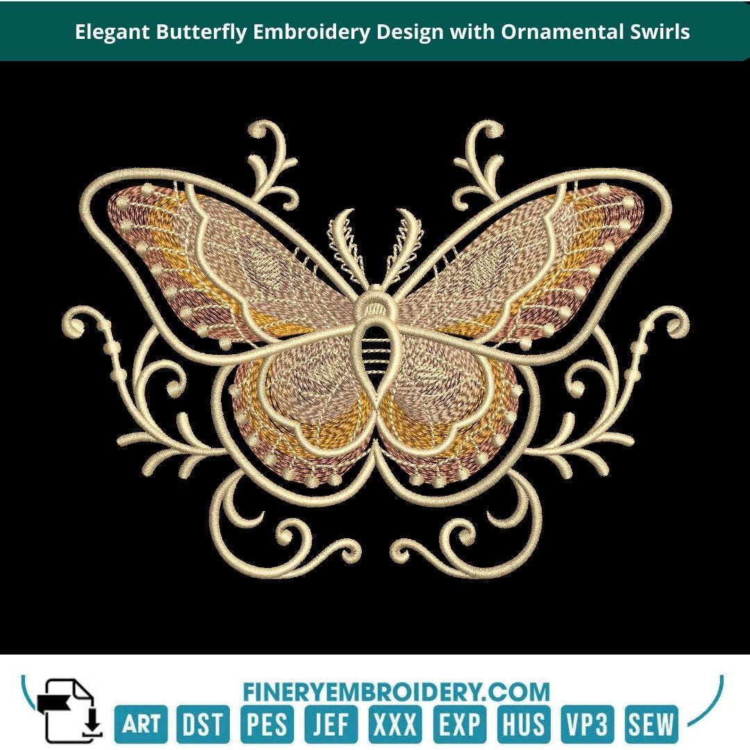 Elegant Butterfly Embroidery Design With Ornamental Swirls ...