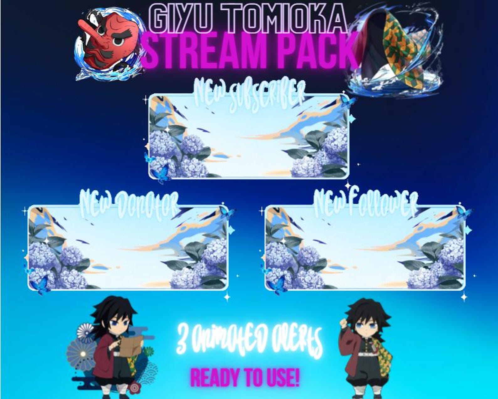 Giyu Tomioka Themed Animated Alerts for Stream | Twitch Overlays and ...