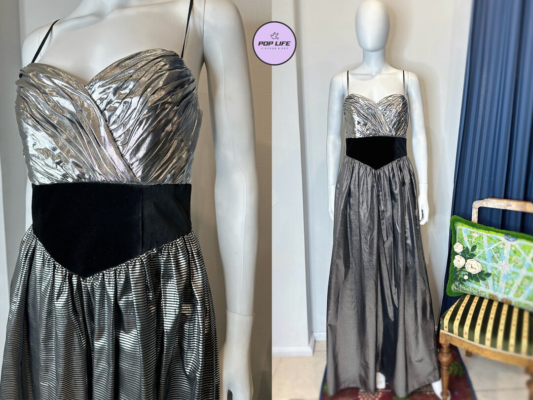 Superb Chic Vintage JOHN & PILL Silver Metallic Taffeta Black Velvet ...