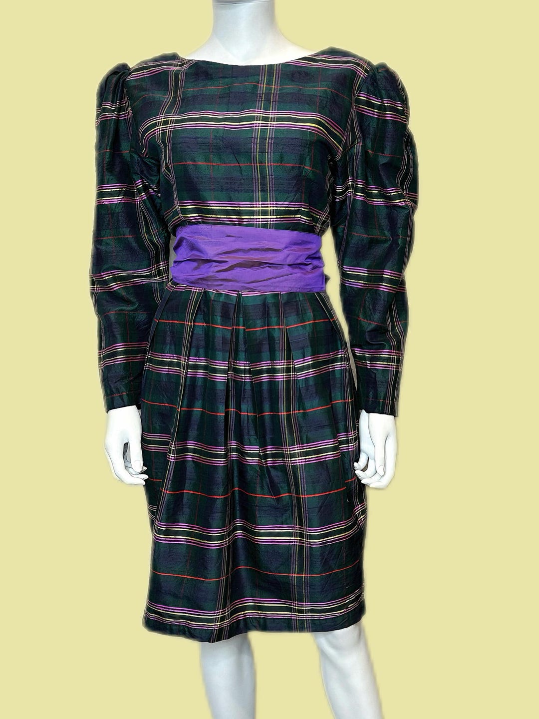 Stunning Vintage JUST SILK 1980s Raw Silk Tartan Puff Sleeve Tulip ...