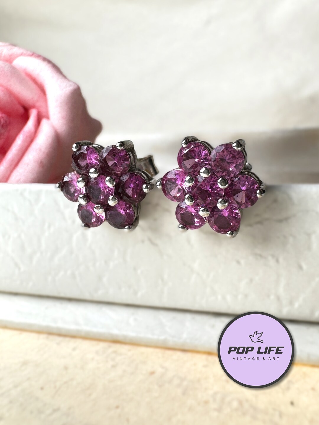 Ruby Pink Cubic Zirconia Flower Sterling Silver Stud Earrings - Etsy
