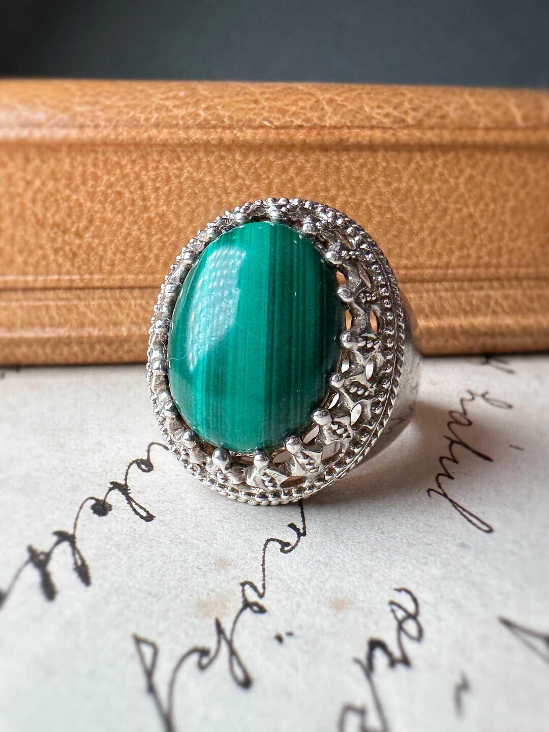 Massive Intricate Setting Sterling Silver Ring Natural Malachite QVC - Etsy