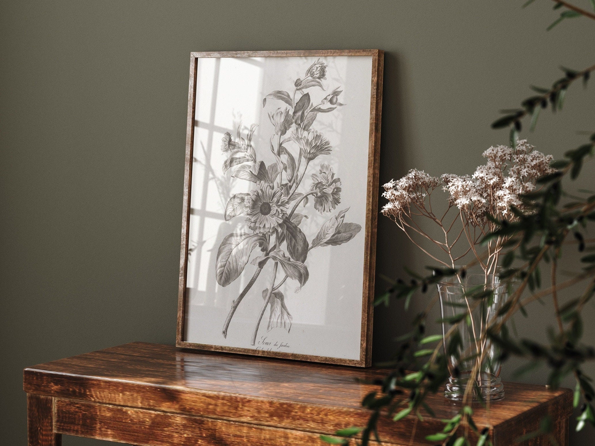Antique Flower Drawing Botanical Vintage Sketch Farmhouse Minimalist ...