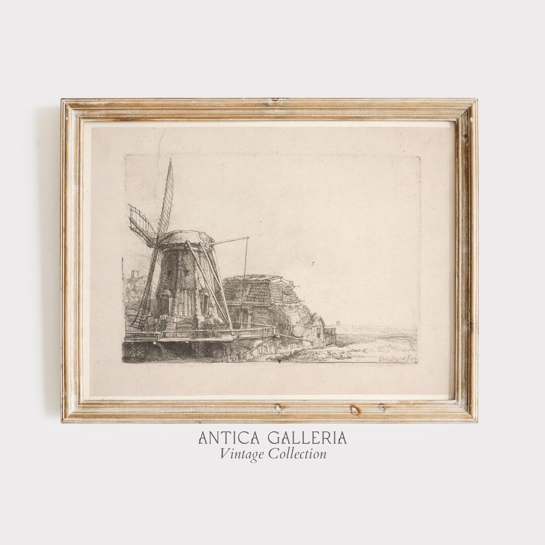 Vintage Engraving Windmill Print, European Fine Art, Dutch Artwork ...
