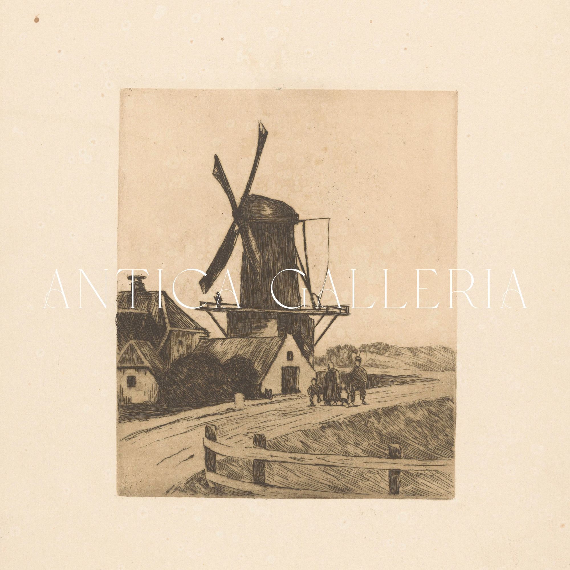 Vintage Dutch Windmill Etching, European Landscape Art (digital ...