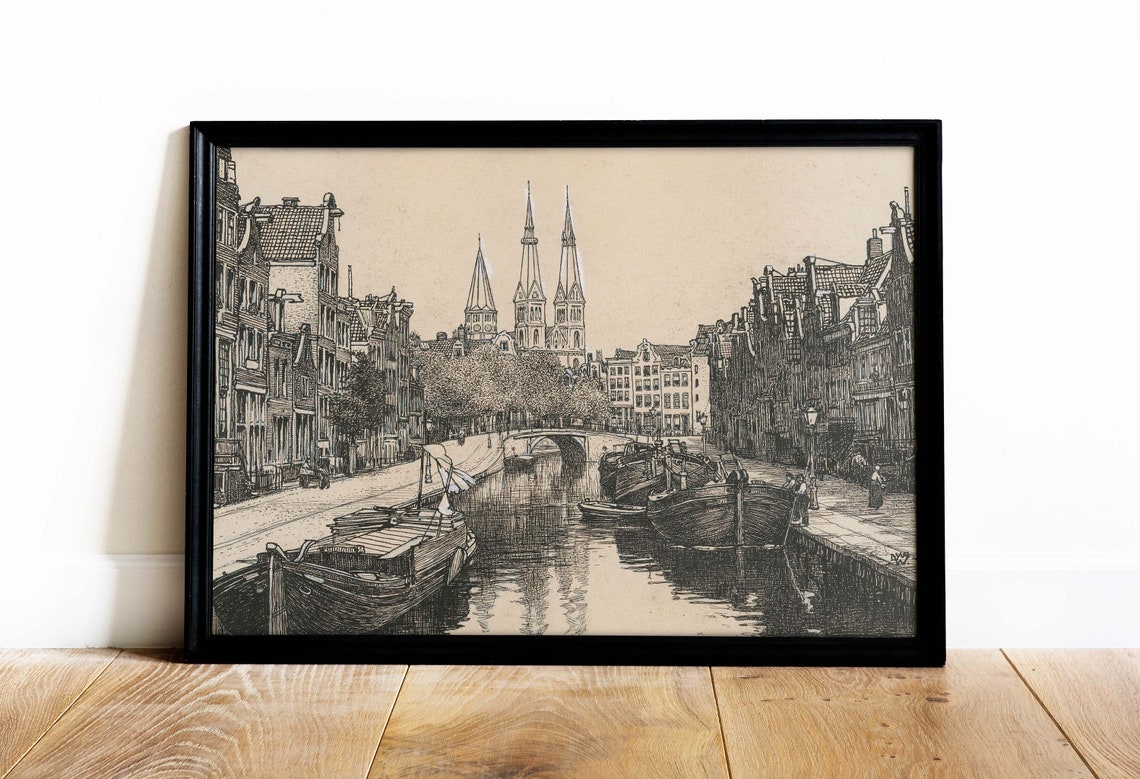 Vintage Etching Amsterdam Canal Print, Antique European City Sketch ...