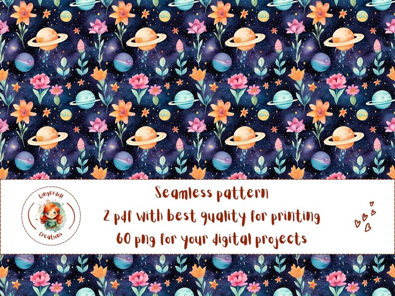 Watercolor Flowers in the Space Patterns of Planets Moons - Etsy