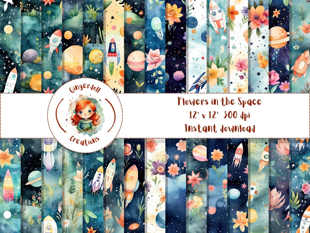 Watercolor Flowers in the Space Patterns of Planets Moons - Etsy