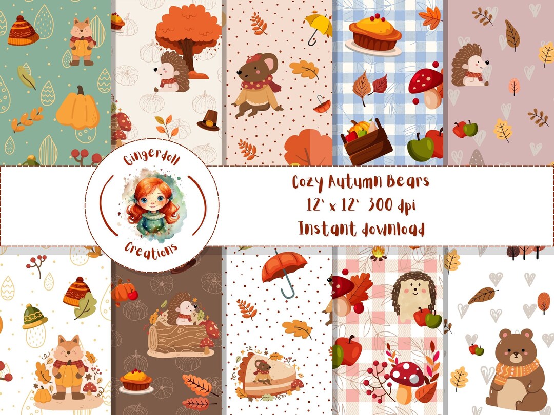 Autumn Digital Paper Fall Cute Animals Scrapbooking Pages Pumpkin ...