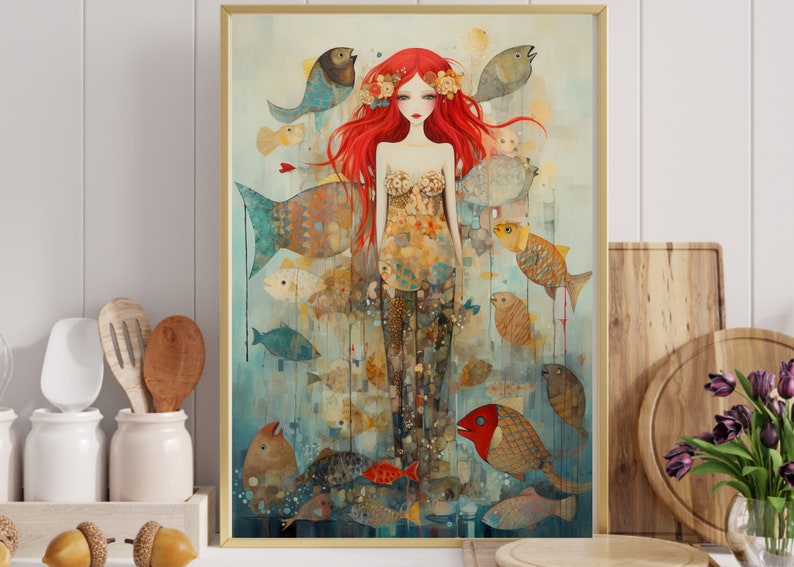 Mystic Mermaid Wall Art, Cute Sea Siren Painting, Nautical Wall Art ...