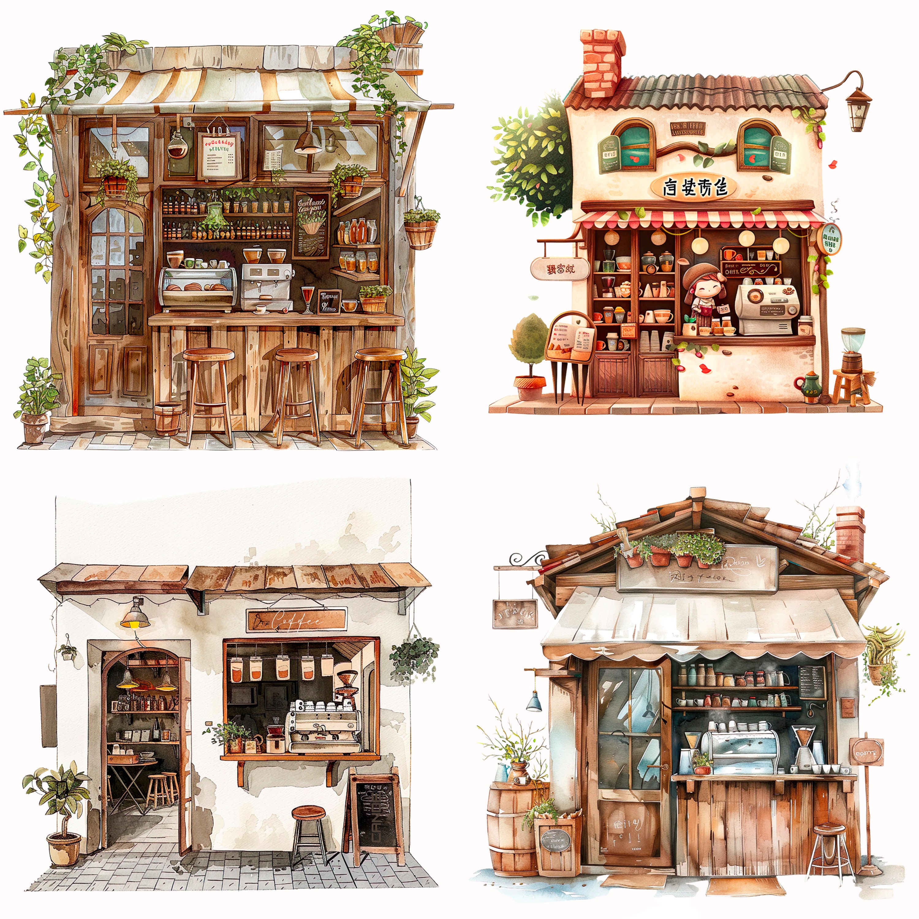 Cute Coffee Shop Clip Art, Watercolor Coffeehouse Illustration PNG ...