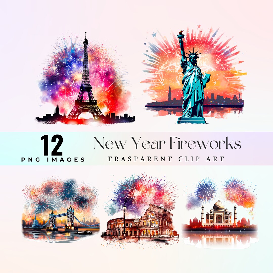 New Year's Fireworks Clip Art, Watercolor World Capitals Fireworks, New ...