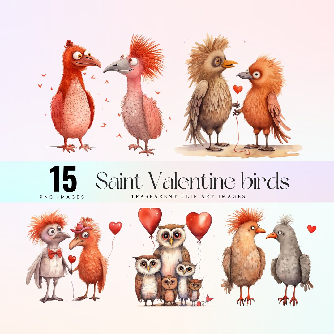Cute Saint Valentine Birds Clip Art, Watercolor Valentine Aviaries ...