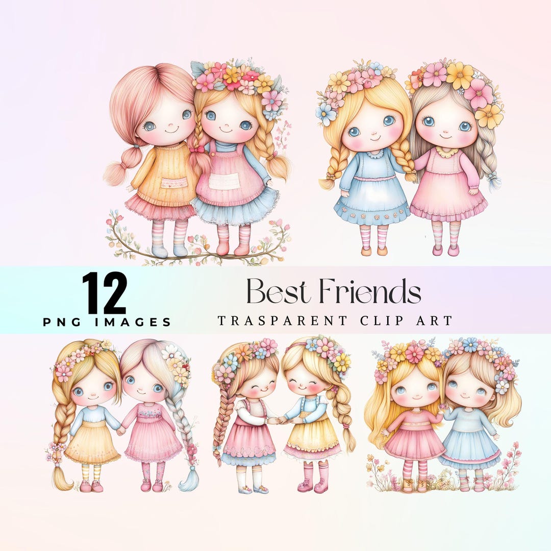 Cute Besties Clip Art, Happy Cartoon Best Friends Illustration PNG ...