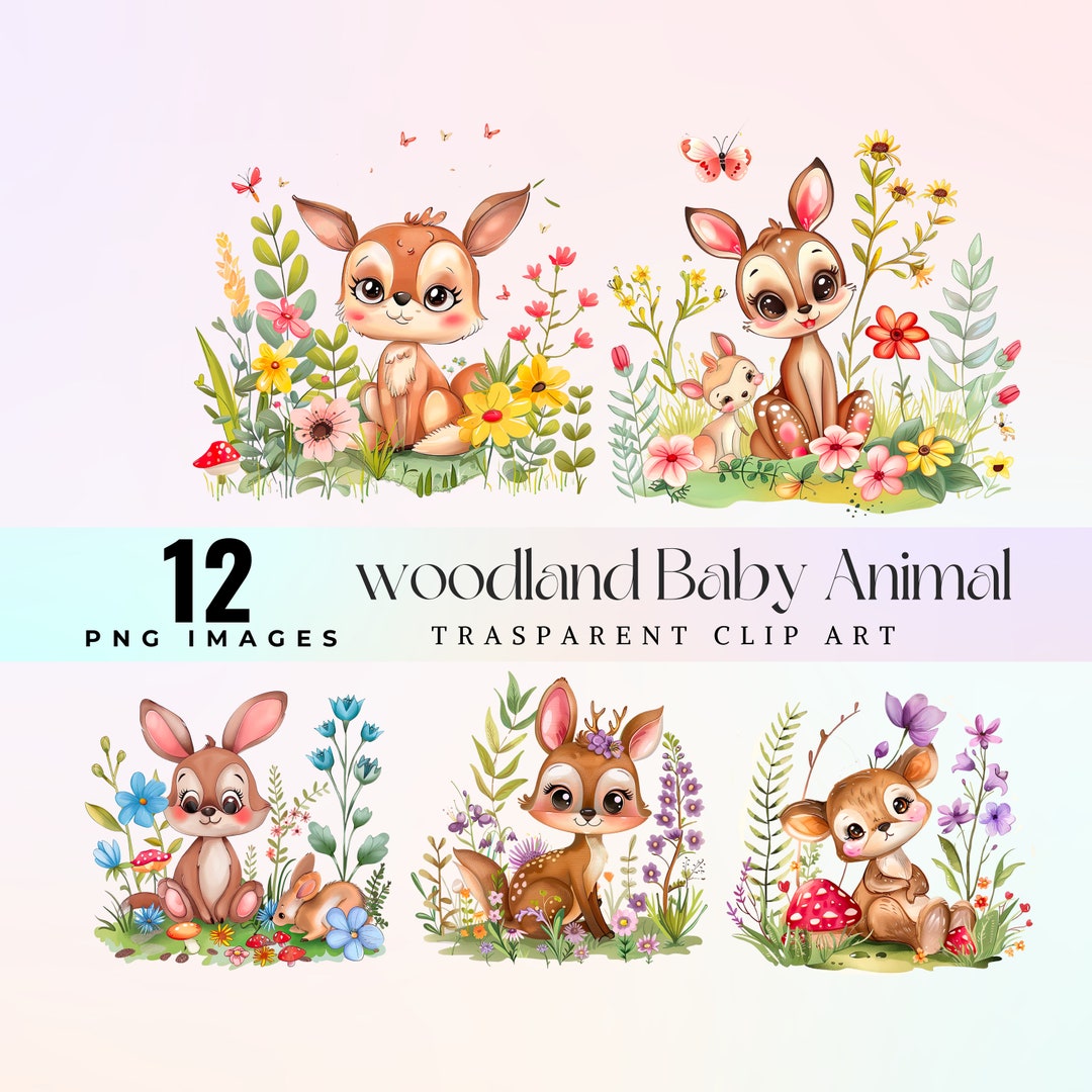 Cute Woodland Baby Animals Clip Art, Watercolor Adorable Tiny Forest ...