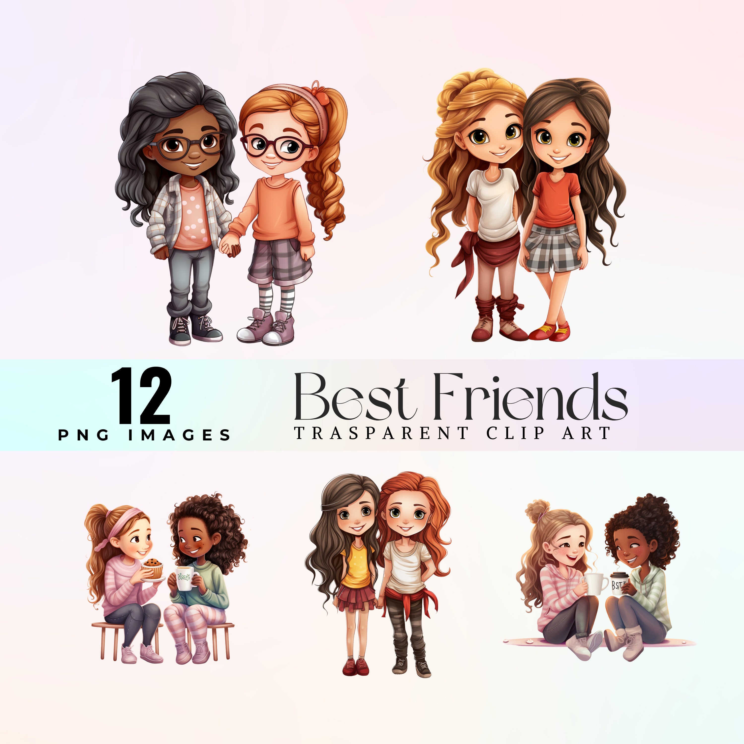 Cute Besties Clip Art, Happy Cartoon Best Friends Illustration PNG ...