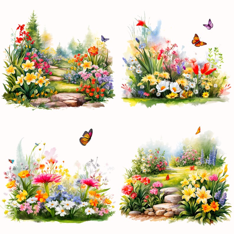 Joyful Spring Garden Clip Art, Watercolor Magic Meadow Mood ...