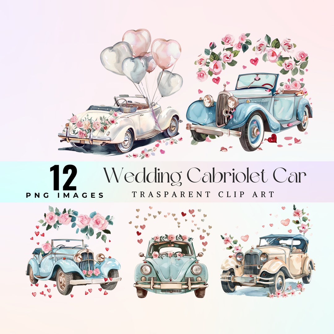 Lovely Wedding Car Clip Art, Watercolor Romantic Just Married ...