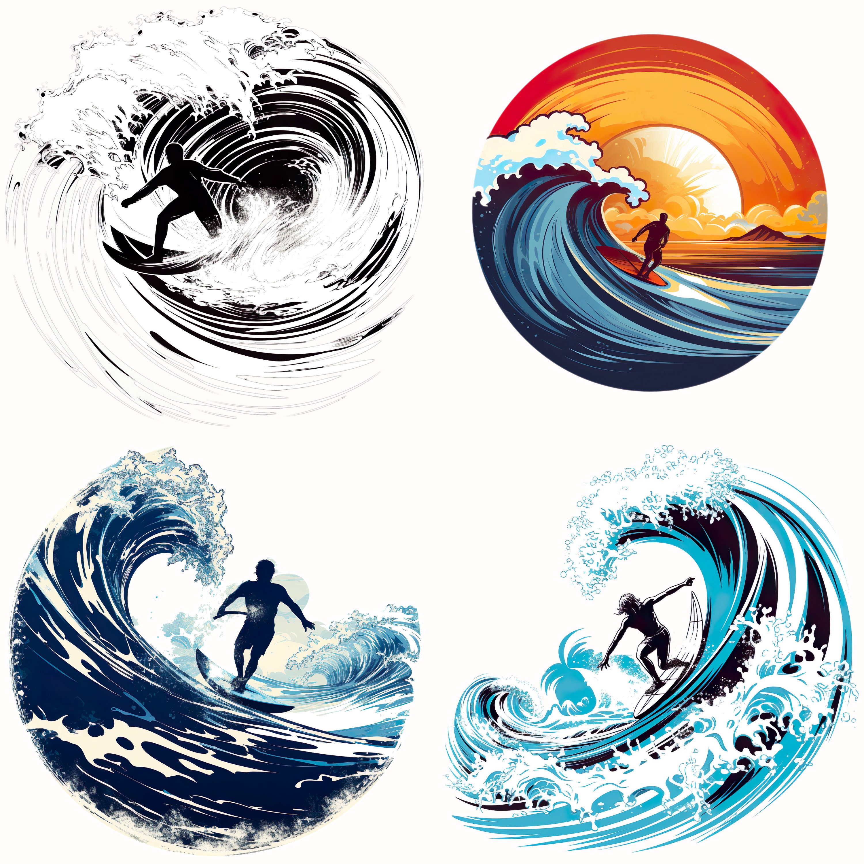 Tropical Sunset Surfing Clip Art, Watercolor Surfer Riding the Waves of ...