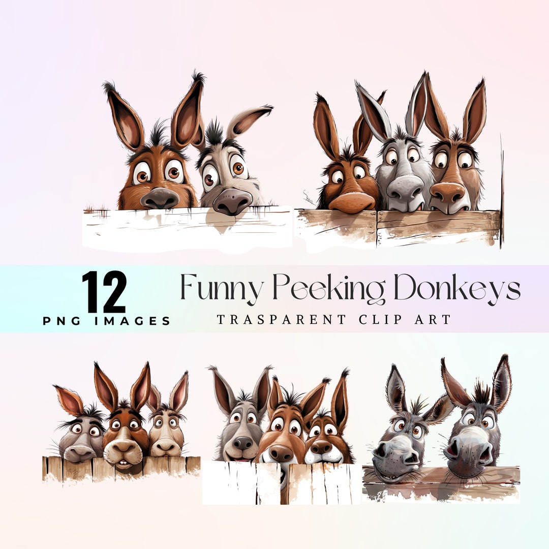 Funny Peeking Donkeys Clip Art, Watercolor Cheeky Chuckles Mule Faces ...