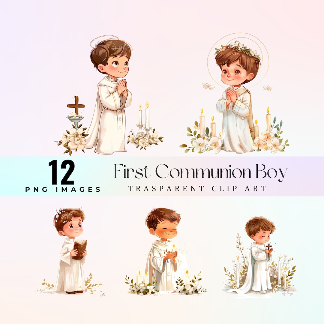 Graceful First Communion Boy Clip Art, Watercolor Sweet White Communion ...