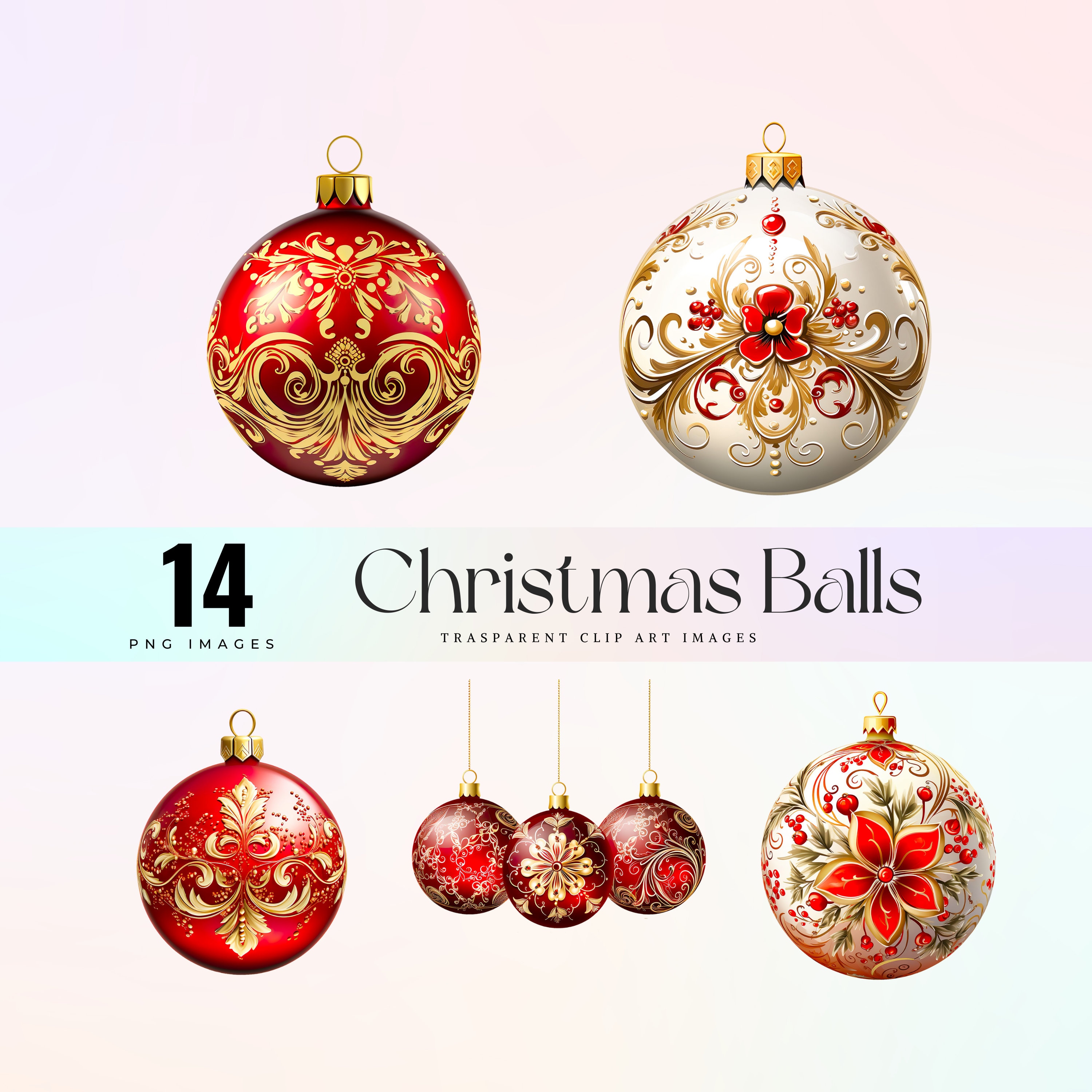 Christmas Baubles Clip Art, Watercolor Balls Decoration, Clip Art Red ...