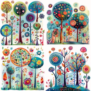 Whimsical Trees Clip Art, Watercolor Enchanted Forest Illustration PNG ...