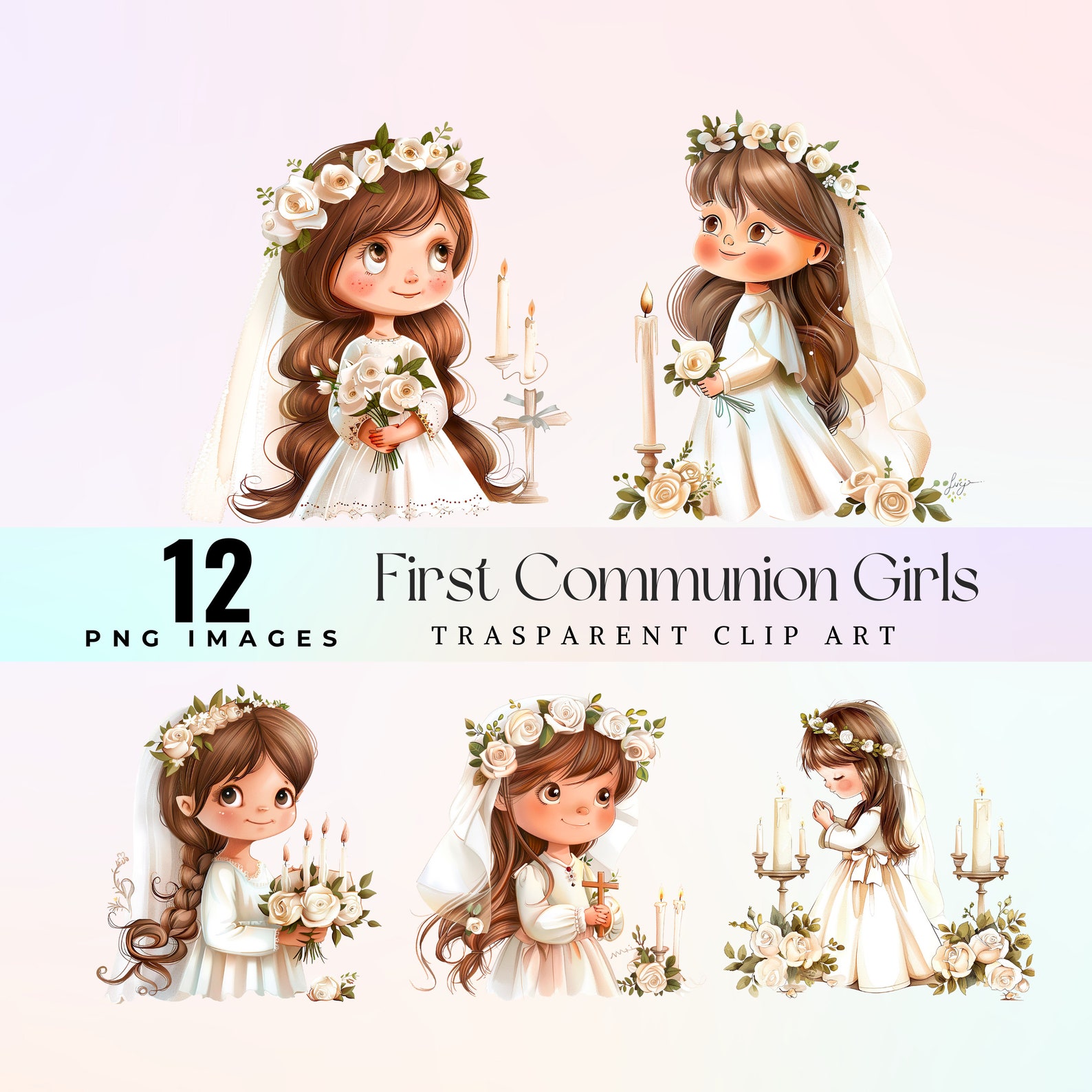 Graceful First Communion Girls Clip Art, Watercolor Sweet White ...