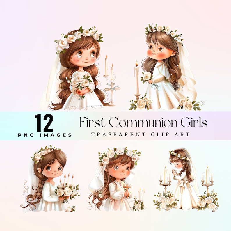 Graceful First Communion Girls Clip Art, Watercolor Sweet White ...