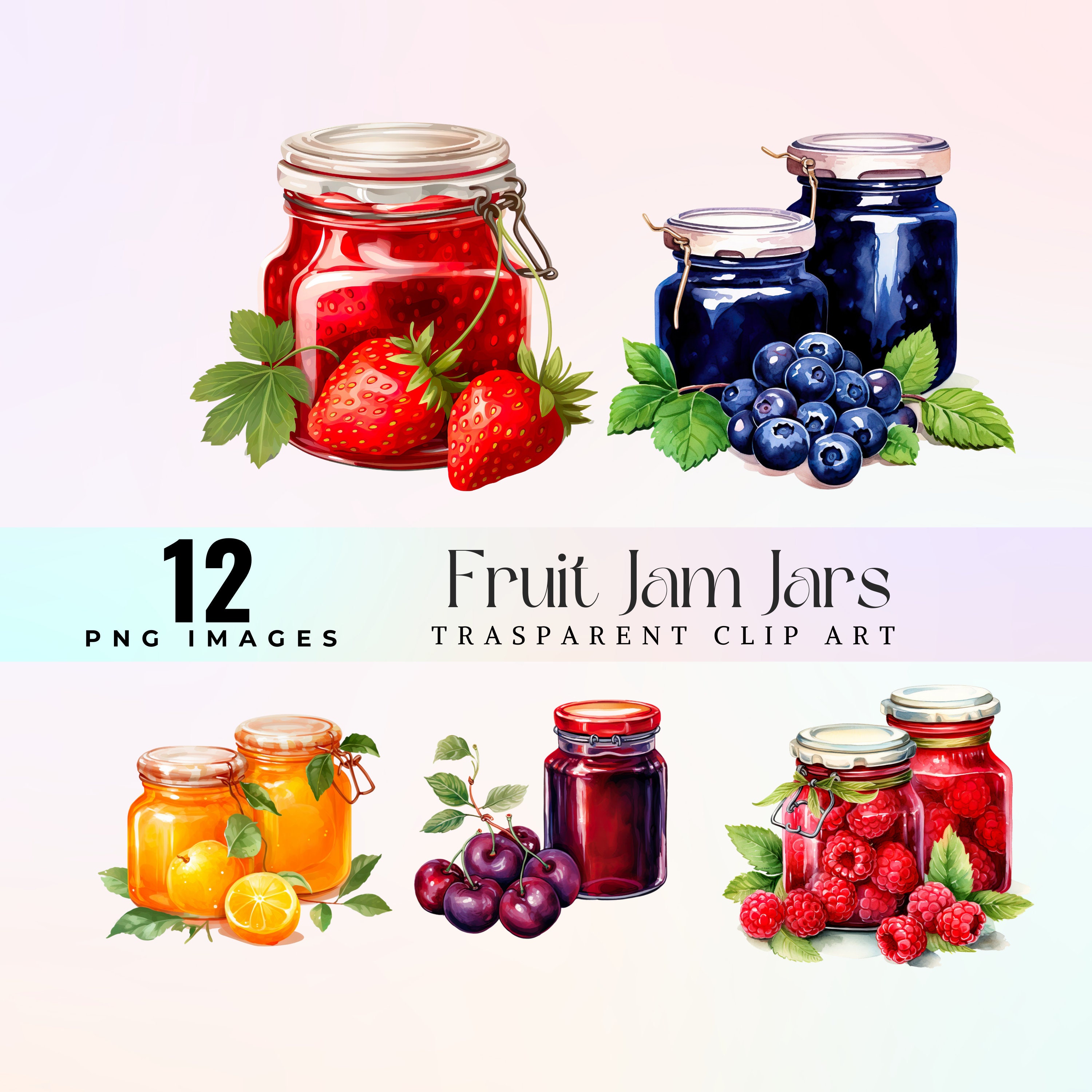 Cute Fruit Jam Jars Clip Art, Watercolor Fruit Preserves Illustration ...