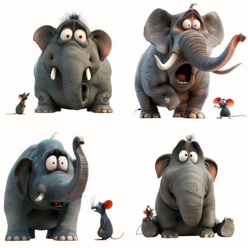 Funny Scared Elephant Vs Mouse Clip Art, Watercolor Puffy Elephant ...