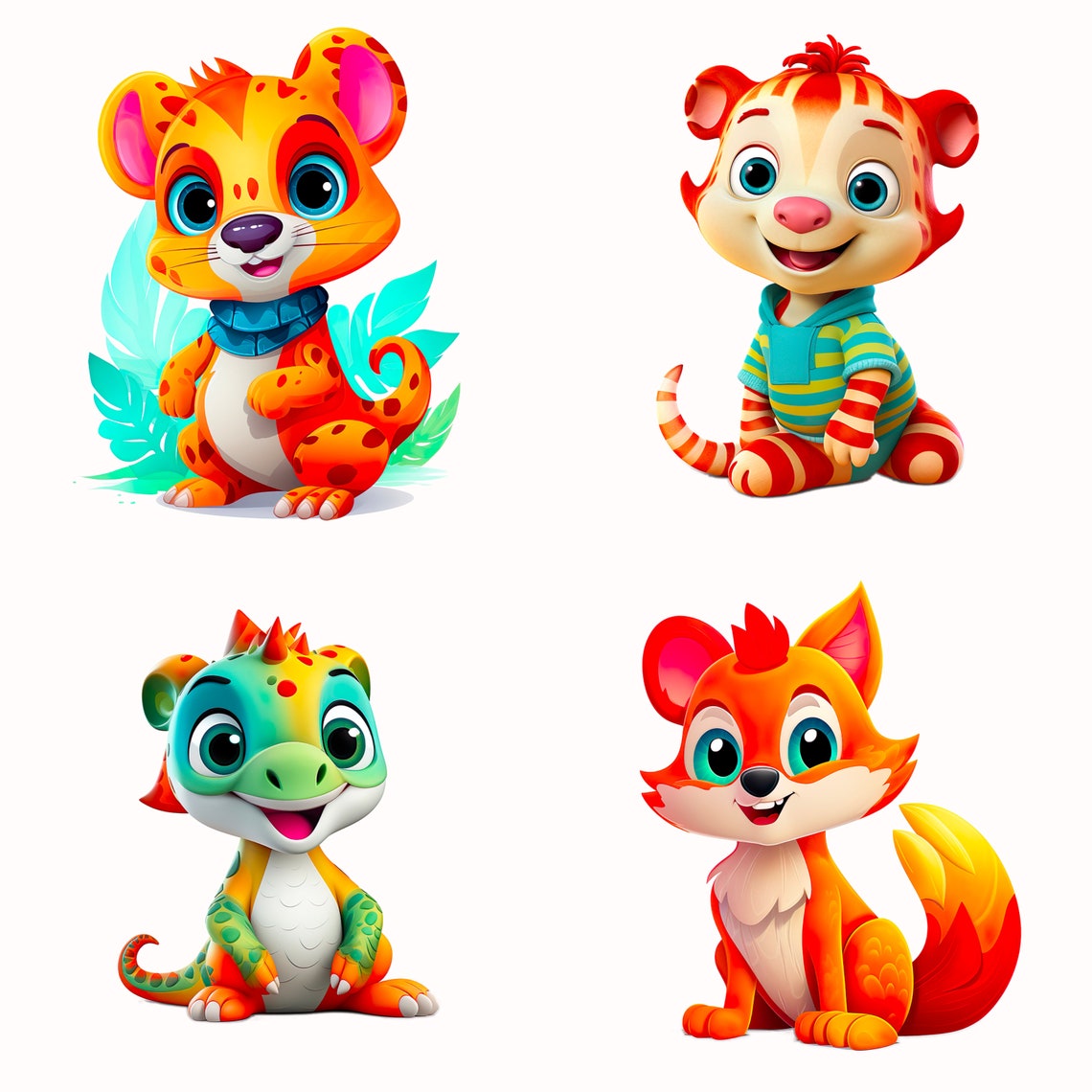 Cute Cartoon Animals Clip Art Happy Jungle Babies Png Nice - Etsy