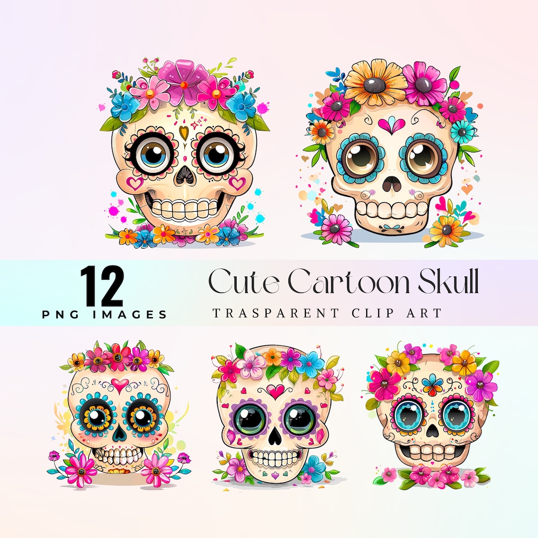 Joyful Floral Skull Clip Art, Watercolor Quirky Flower Skull ...