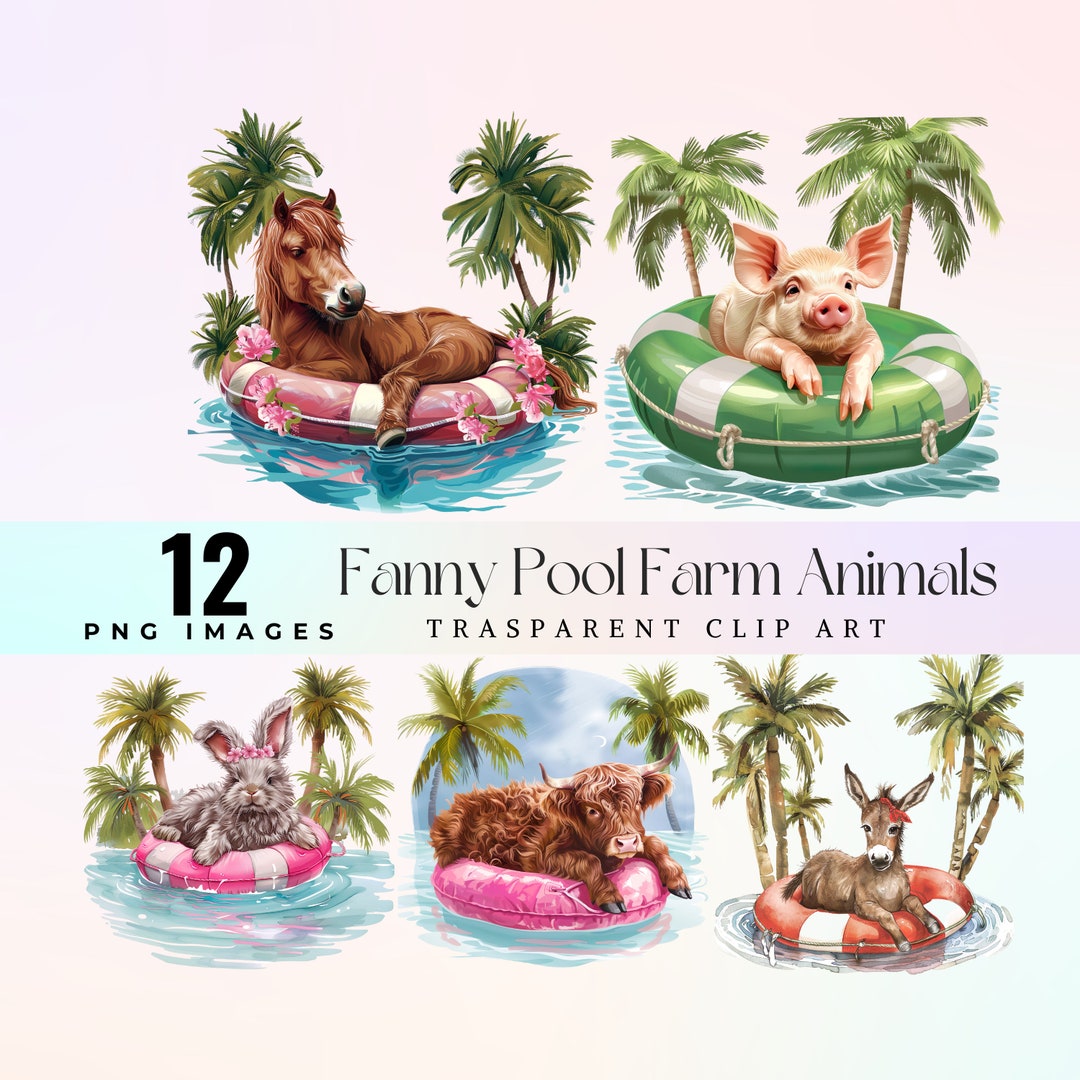 Funny Pool Farm Animals Clip Art, Watercolor Quirky Bathers on Lifebuoy ...