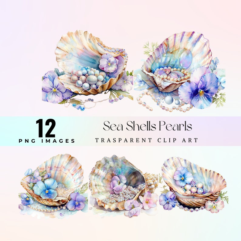 Cute Seashells Pearls Clip Art, Watercolor Adorable Sea Shells and ...