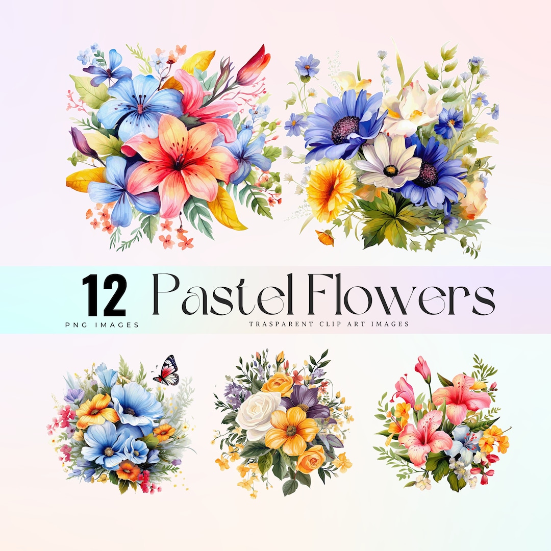 Cute Pastel Flowers Clip Art, Watercolor Soft Blossoms Illustration Png ...