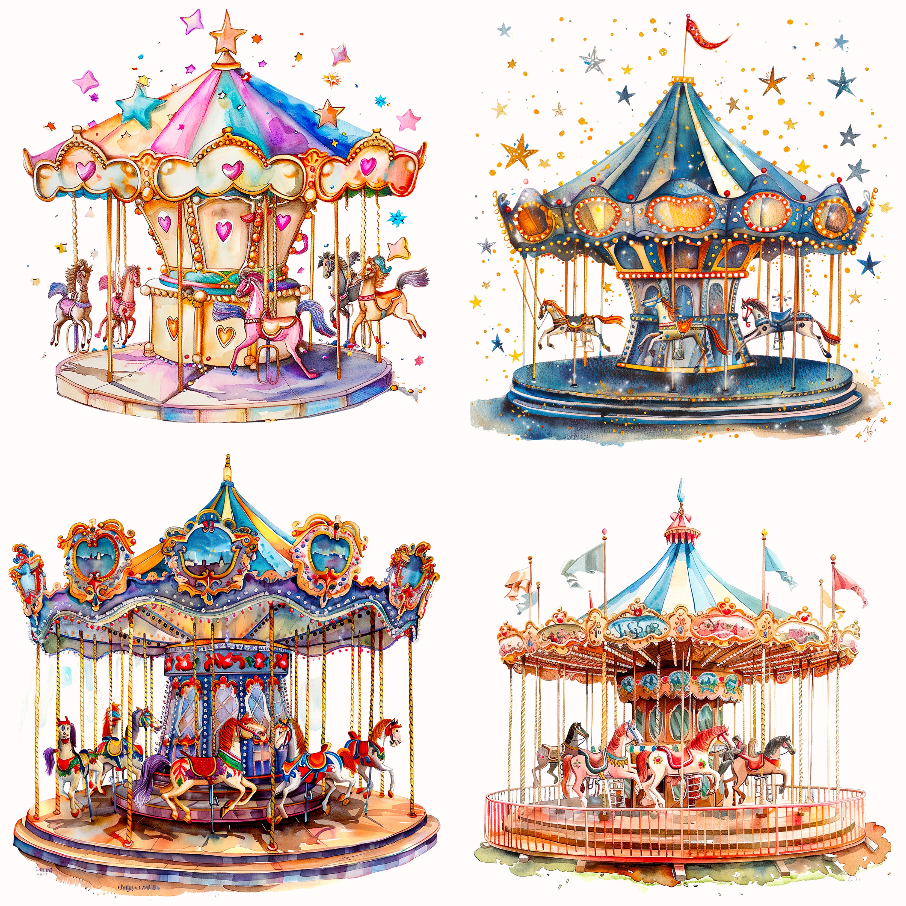 Whimsical Carousel Clip Art, Watercolor Joyful Merry-go-round ...