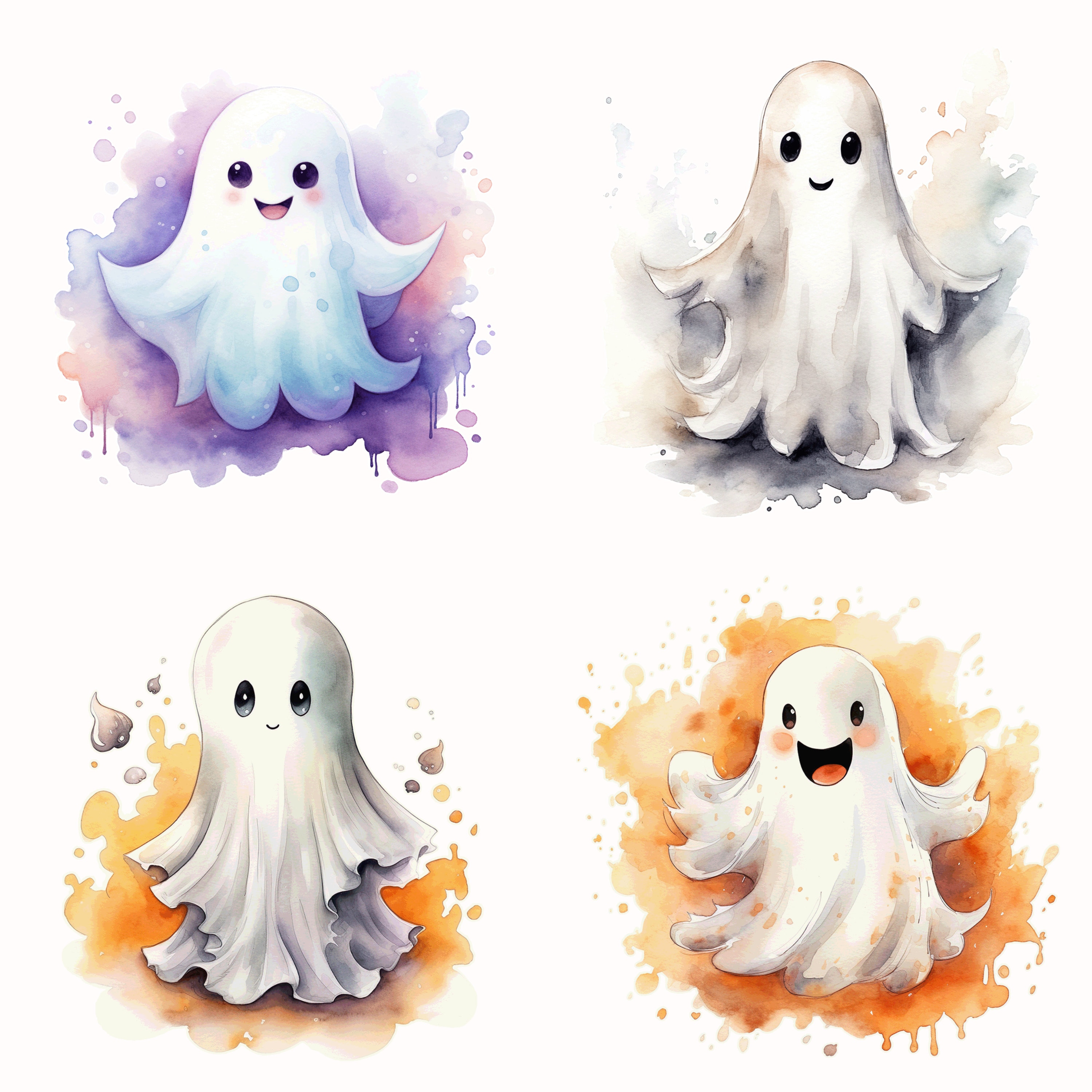 Whimsical Ghost Clip Art, Watercolor White Spirit Illustration PNG ...