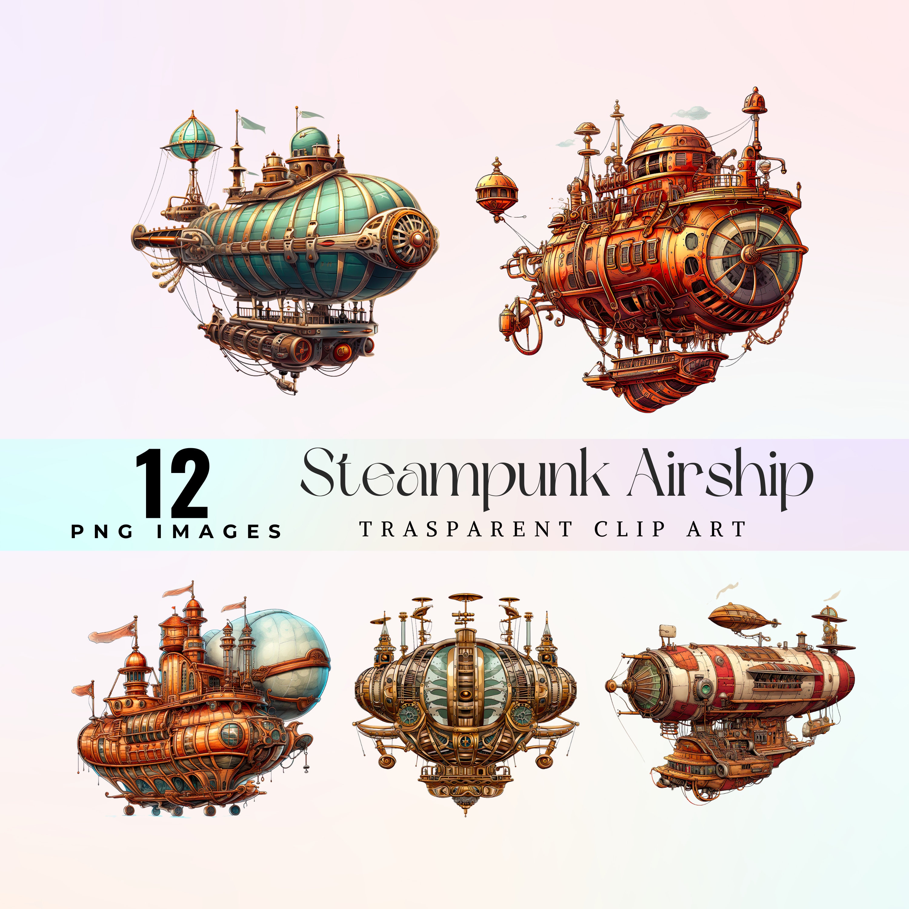 Cute Steampunk Airship Clip Art, Watercolor Vintage Dirigible ...