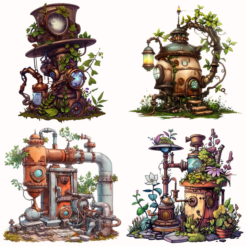 Watercolor Steampunk Garden Clip Art: Quirky Gadgets (PNG Digital ...