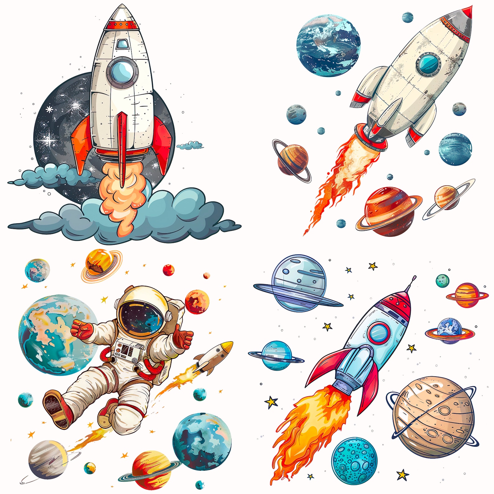 Watercolor Space Rockets Clip Art: Astronauts & Planets (PNG Digital ...