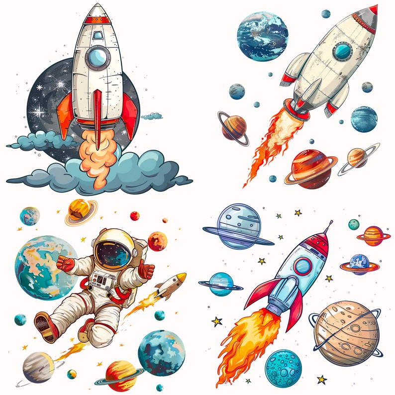 Cute Space Rockets Clip Art, Watercolor Planet Journey Illustrations ...
